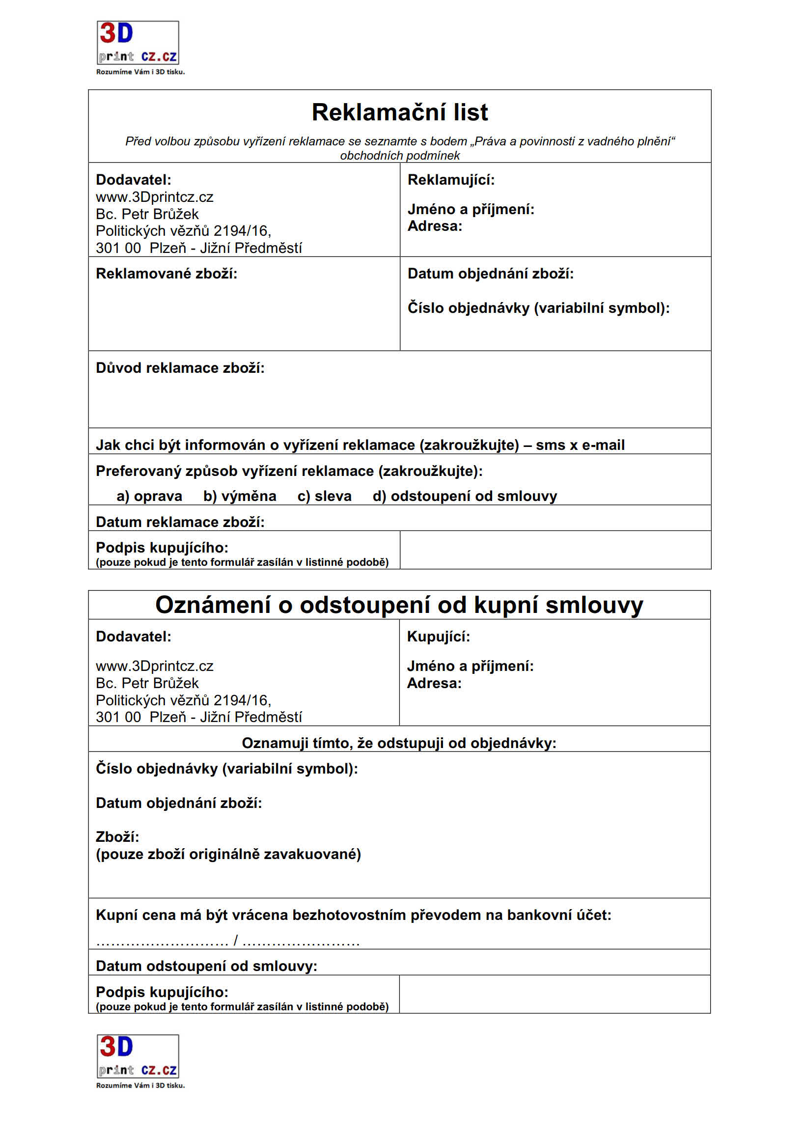 Reklamační list a oznámení o odstoupení od smlouvy - 3DprintCZ